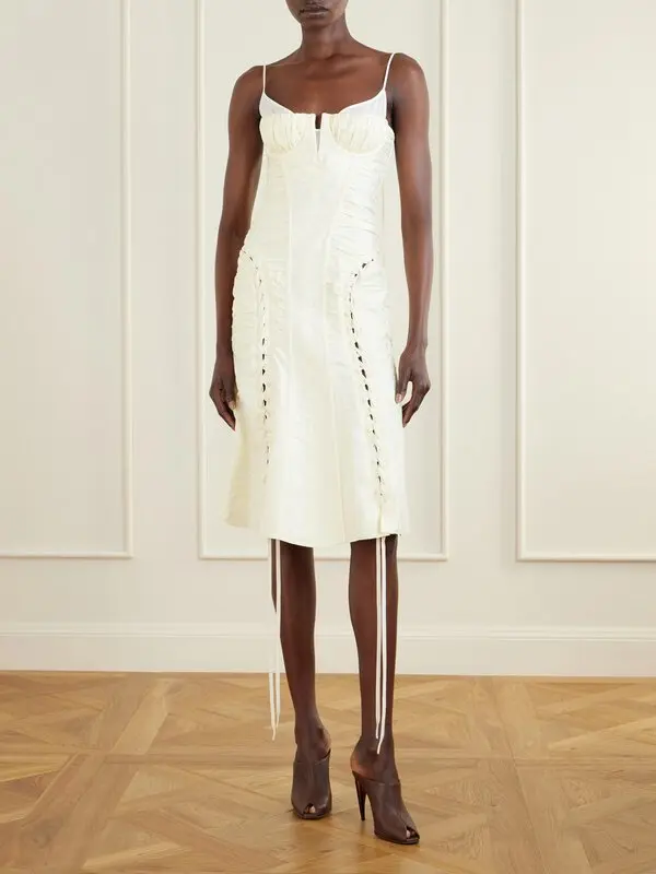Alexander McQueen Pleated Paneled Satin Brocade Midi Dress - Neutrals