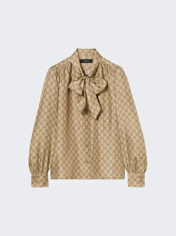 Gucci Silk Twill Shirt With Vintage Gg Print - Sand