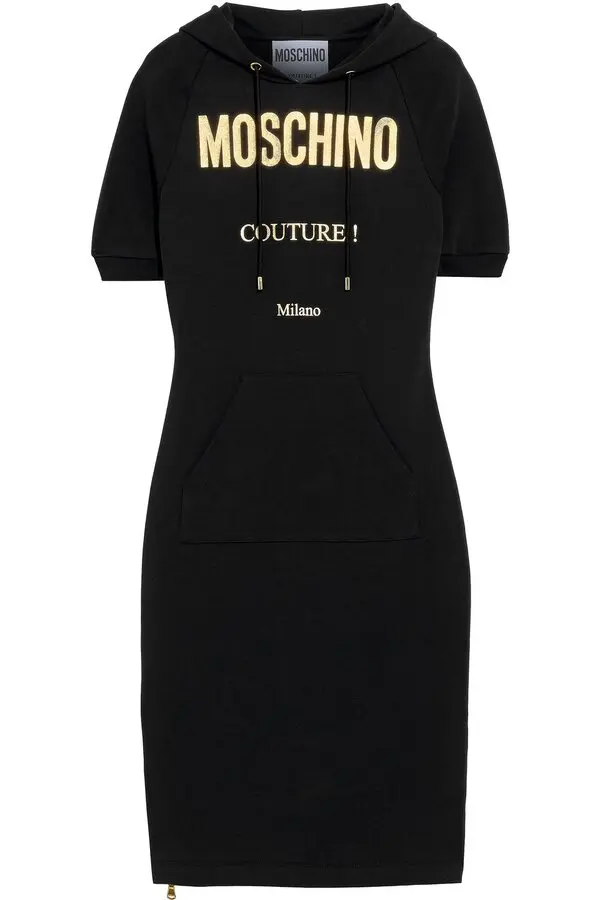 Moschino Printed Cotton-blend Jersey Hooded Dress - Black