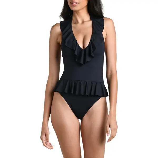 La Blanca Island Goddess Halter One-piece Swimsuit With Ruffles And Peplum - Black