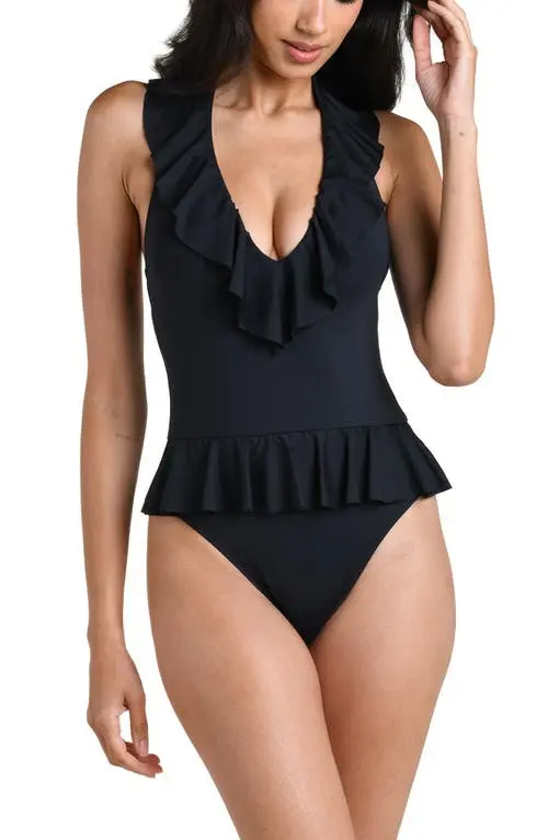 La Blanca Island Goddess Halter One-piece Swimsuit With Ruffles And Peplum