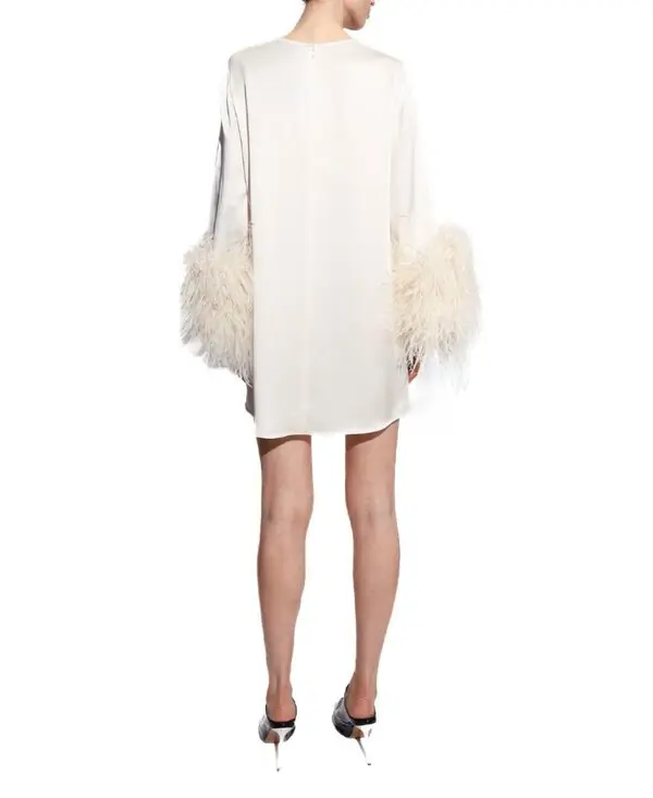 Lapointe Satin Shift Dress With Feathers - Cream