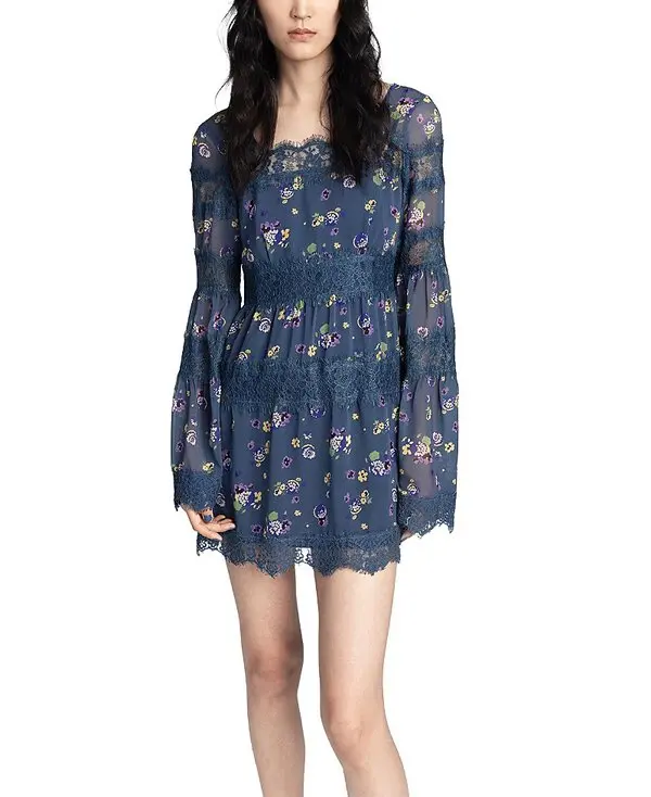 Anna Sui Night Blooming Chiffon Mini Dress - Indigo Multi