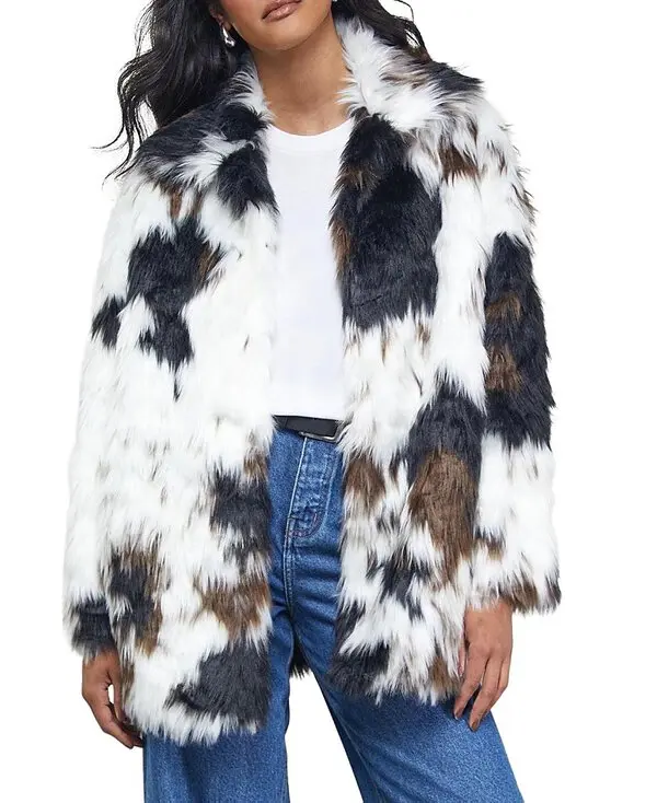 WAREHOUSE Premium Funnel Neck Faux Fur Coat - Mono
