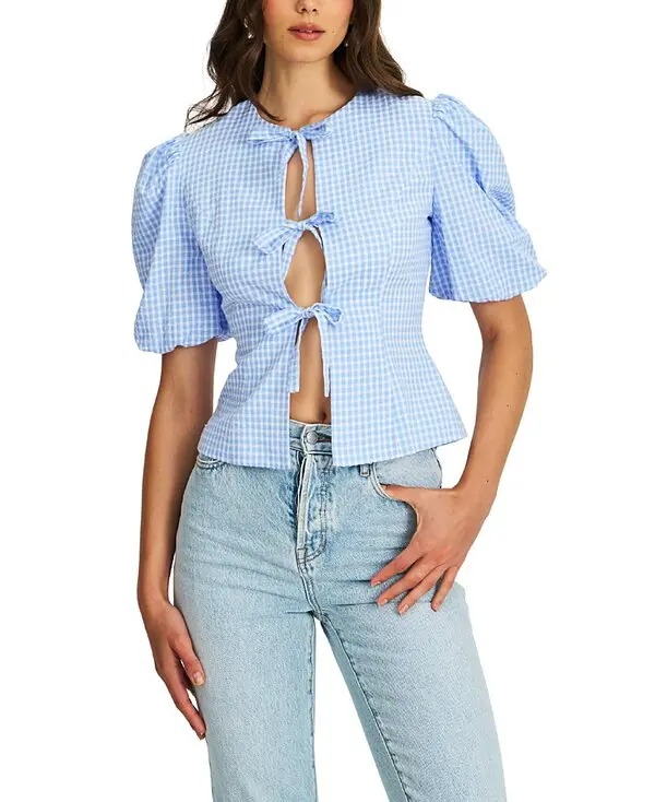 MISS CIRCLE NEW YORK Gingham Bowtie Top - Blue