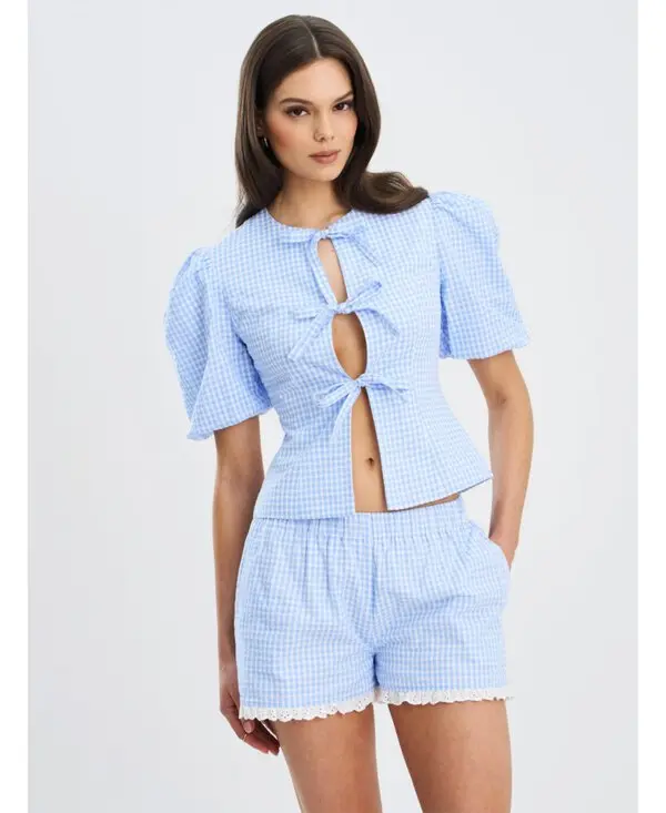 MISS CIRCLE NEW YORK Gingham Bowtie Top - Blue