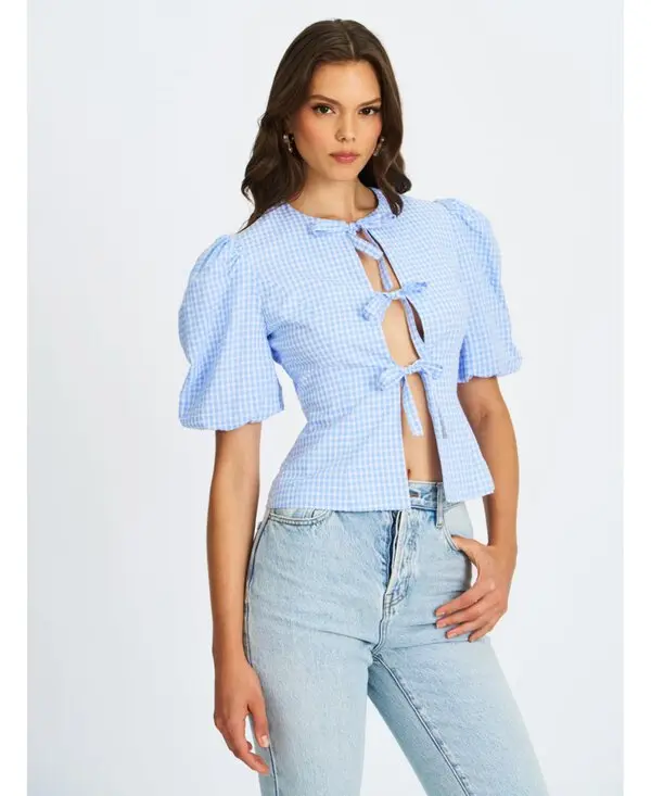 MISS CIRCLE NEW YORK Gingham Bowtie Top - Blue