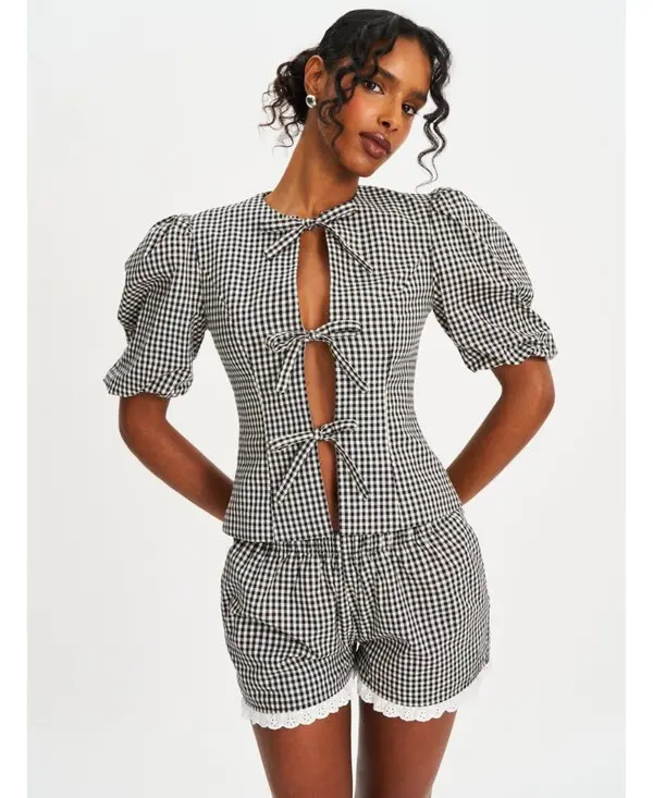 MISS CIRCLE NEW YORK Gingham Bowtie Top - Black