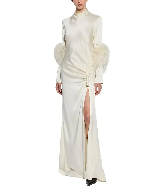 Lapointe Satin Gown With Feathered Sleeves