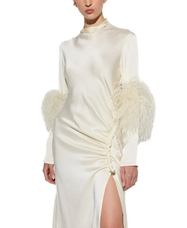 Lapointe Satin Gown With Feathered Sleeves