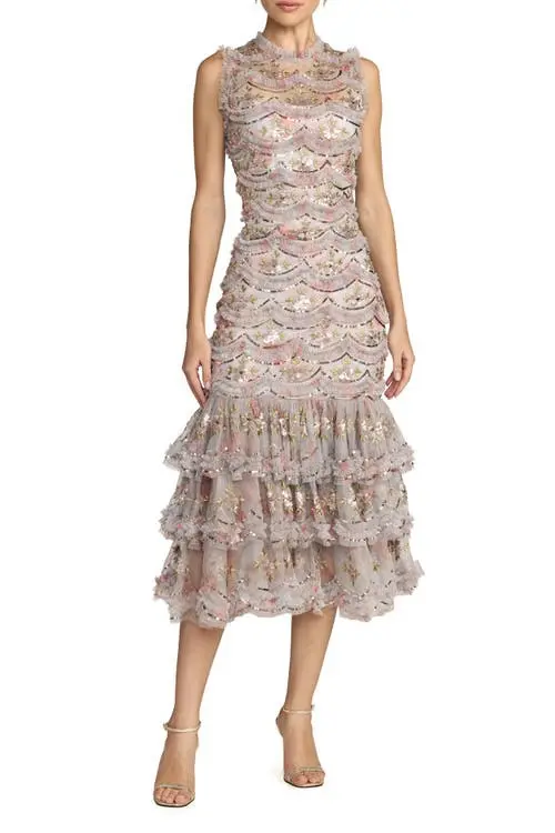 Mac Duggal Sleeveless Sequin Tiered Ruffle Midi Dress