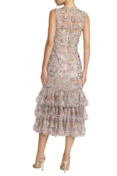 Mac Duggal Sleeveless Sequin Tiered Ruffle Midi Dress