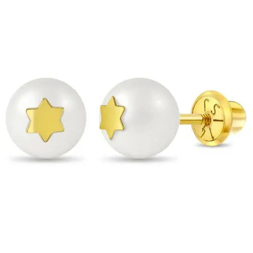 IN SEASON JEWELRY 14k Yellow Gold Star Pearl Stud Earrings - White