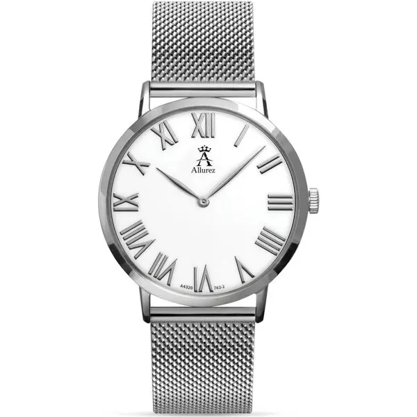 ALLUREZ Stainless Steel Mesh Bracelet Watch With Roman Numerals - Silver
