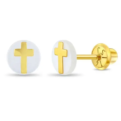 IN SEASON JEWELRY 14k Yellow Gold Mother Of Pearl Cross Stud Earrings - White