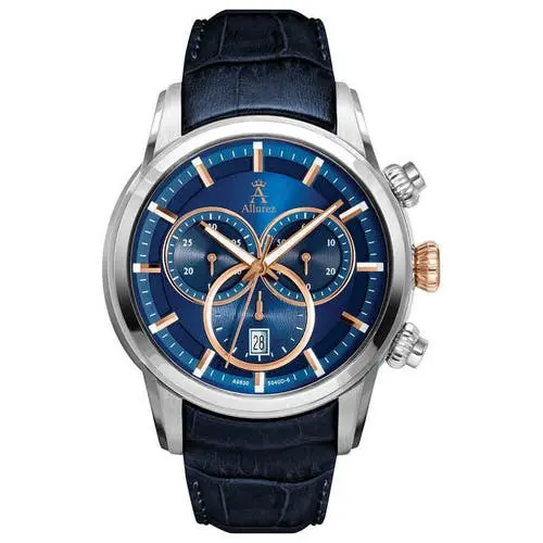 ALLUREZ Swiss Chronograph Dial Genuine Leather Watch - Blue