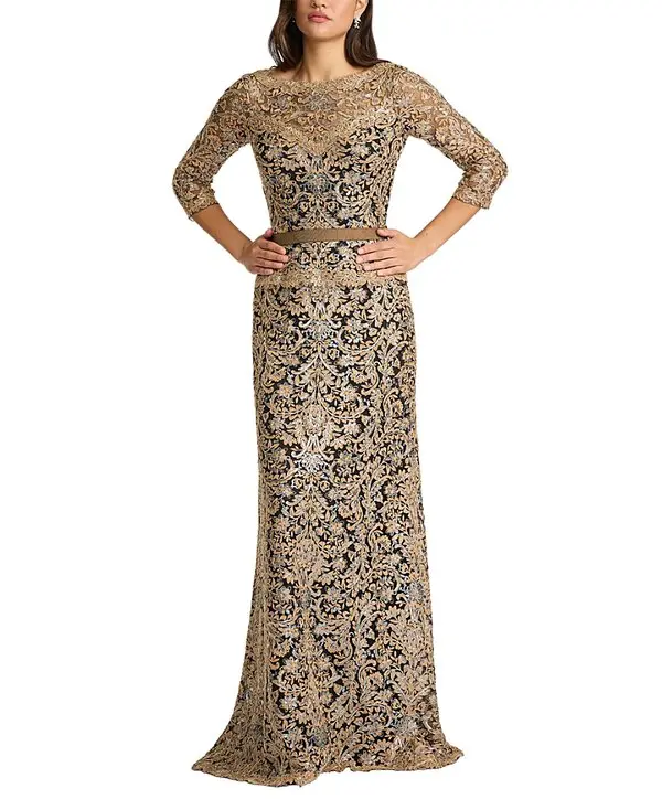 Tadashi Shoji Aziza Sequin Embroidered Tulle Gown - Copper Shadow/black