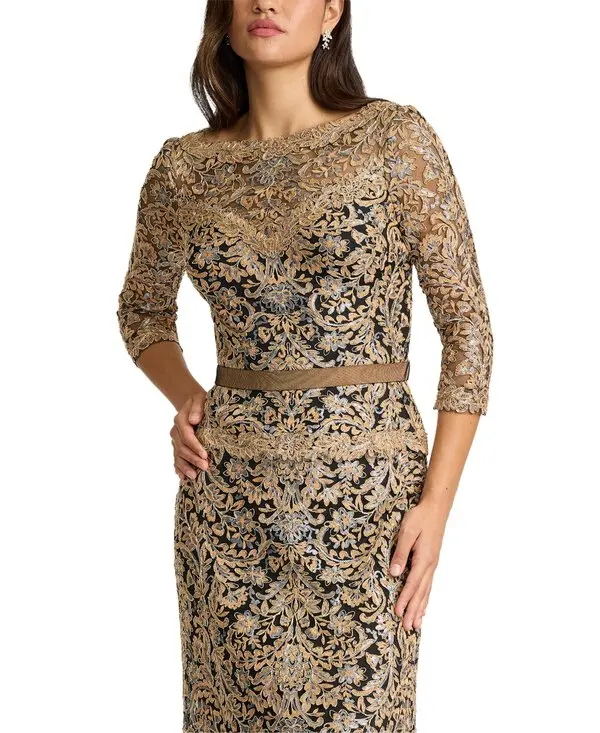 Tadashi Shoji Aziza Sequin Embroidered Tulle Gown - Copper Shadow/black