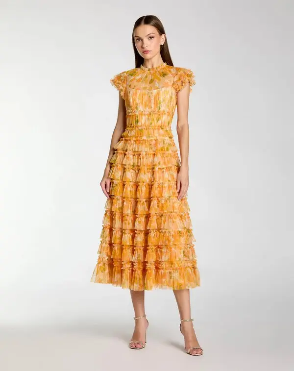 Mac Duggal Floral High Neck Flutter Sleeve Midi Dress - Yellow Multi
