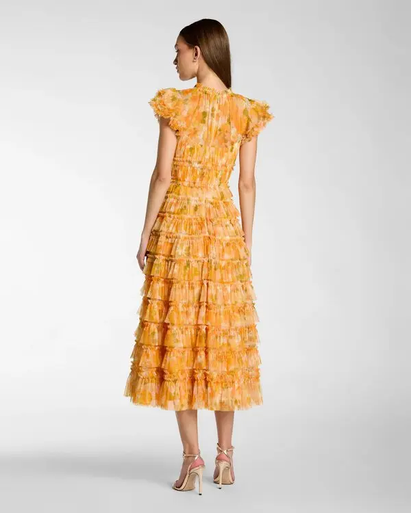 Mac Duggal Floral High Neck Flutter Sleeve Midi Dress - Yellow Multi
