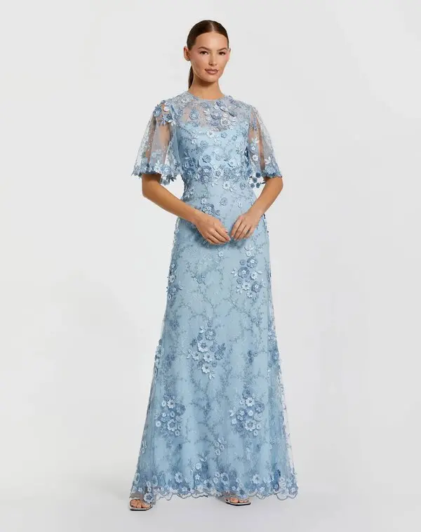 Mac Duggal Petite Flutter Sleeve Floral Embroidered Net Gown