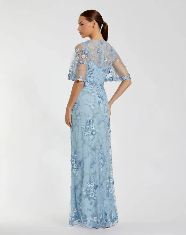 Mac Duggal Petite Flutter Sleeve Floral Embroidered Net Gown