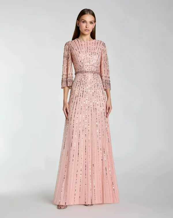 Mac Duggal High Neck Embellished Gown With 3/4 Sleeves - Pink