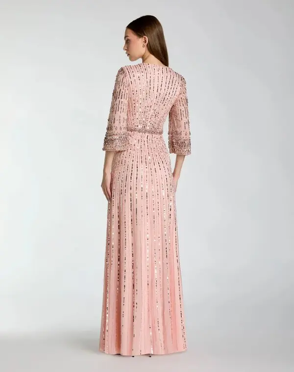 Mac Duggal High Neck Embellished Gown With 3/4 Sleeves