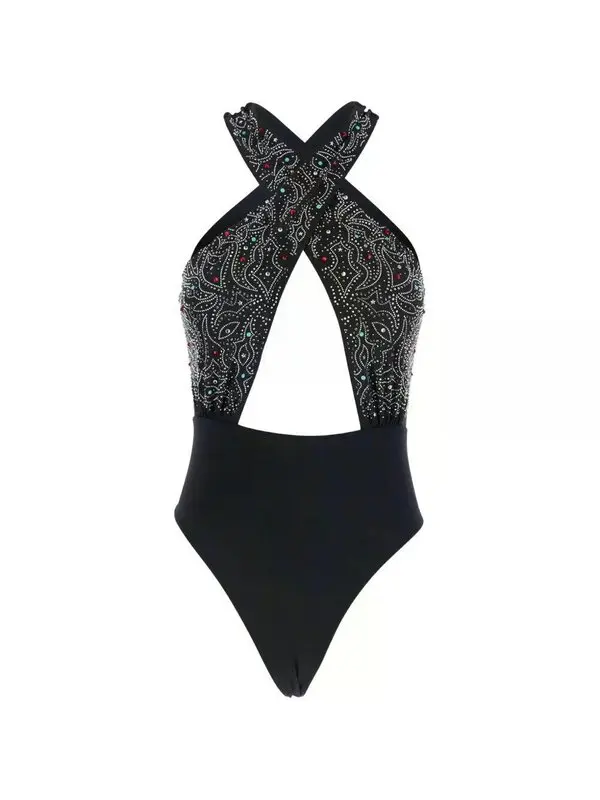VENUJA Rhinestone-embellished Crossover Swimsuit - Black