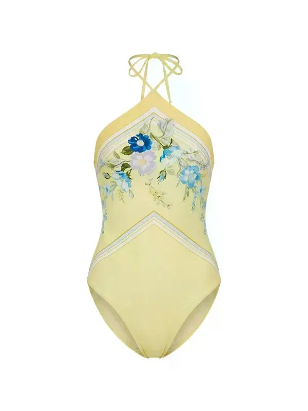 SELF-PORTRAIT Floral-print Halterneck One-piece Swimsuit - Yellow