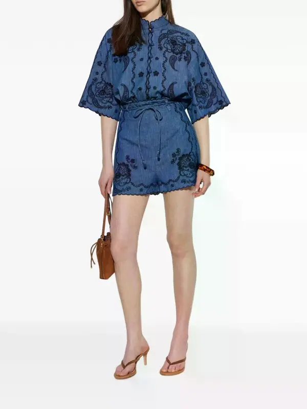 Zimmermann Aster Embroidered Denim Shorts - Blue