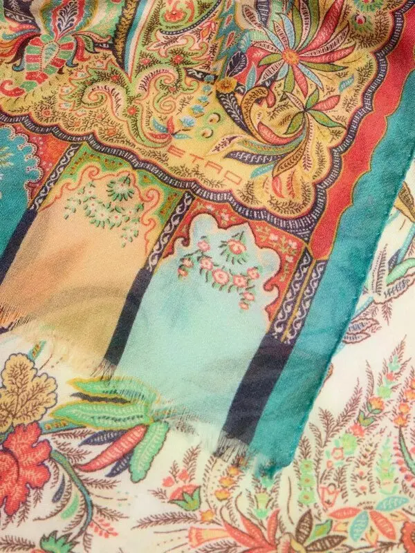 Etro Cashmere, Silk And Wool Scarf With Paisley Foliage Motif - Orange