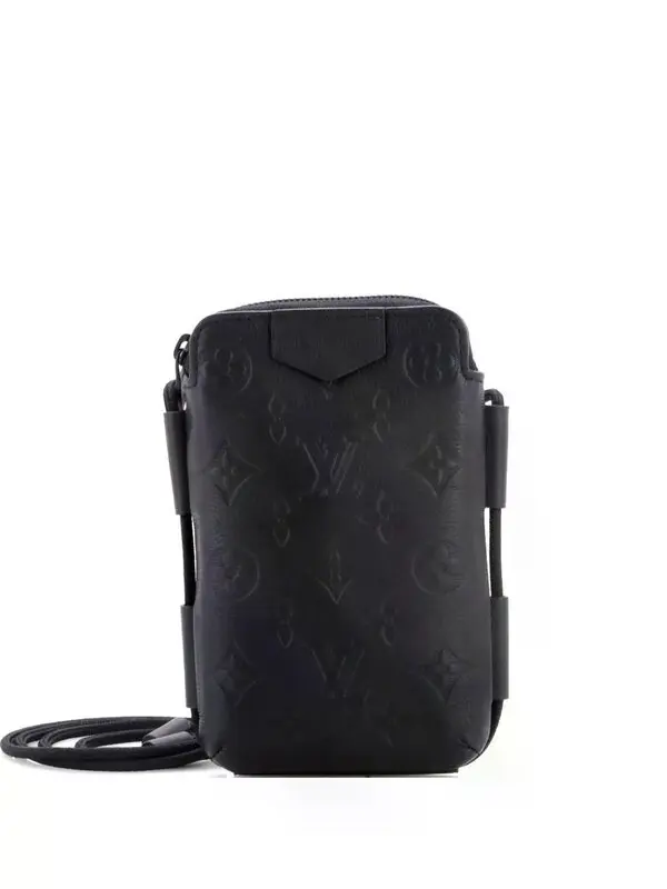LOUIS VUITTON Lace Up Pouch Monogram Shadow Leather Crossbody Bag - Black