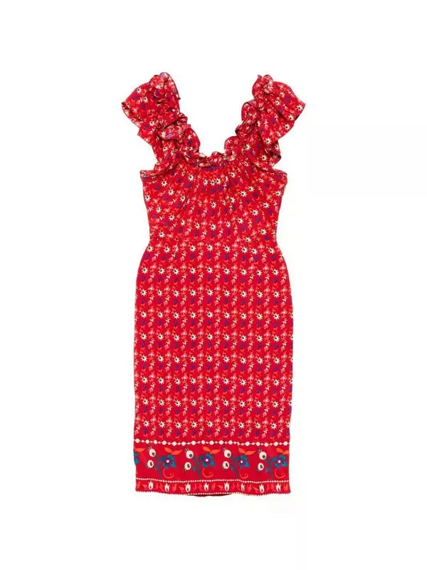 Dior Floral Silk Ruffled Midi Dress - Red