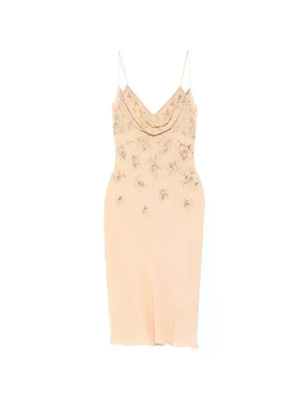 Dior Silk Nude Embellished Slip Midi Dress - Neutrals