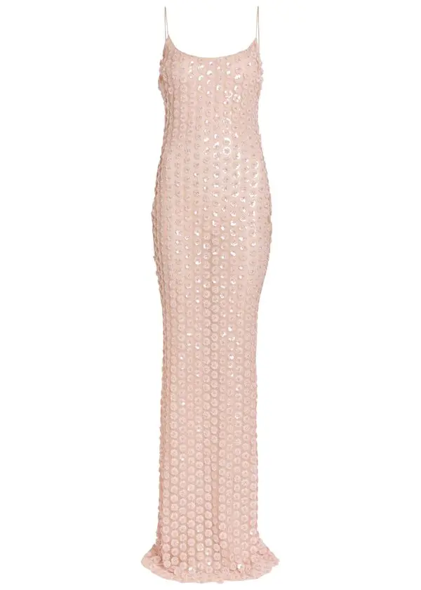 THE NEW ARRIVALS ILKYAZ OZEL Floral-appliquéd Tulle Maxi Dress - Light Pink