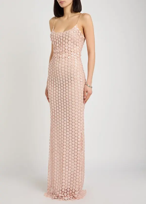 THE NEW ARRIVALS ILKYAZ OZEL Floral-appliquéd Tulle Maxi Dress - Light Pink