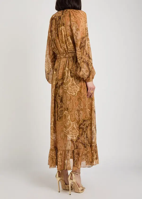 Zimmermann Carousel Belted Metallic Silk-chiffon Midi Dress