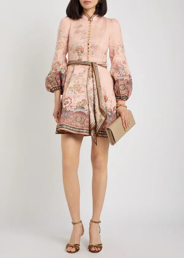 Zimmermann Alchemy Floral-Print Belted Linen Mini Dress - Pink |  Editorialist