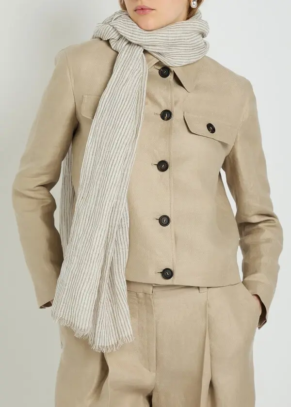 Brunello Cucinelli Striped Metallic Linen-blend Scarf - Beige