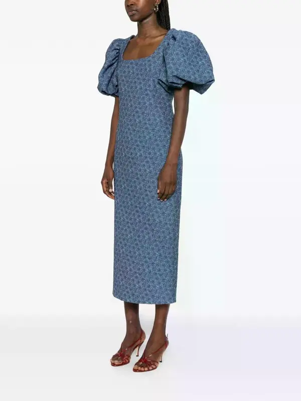 Max Mara Floral-jacquard Puff-sleeve Dress - Blue
