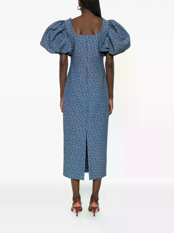 Max Mara Floral-jacquard Puff-sleeve Dress - Blue