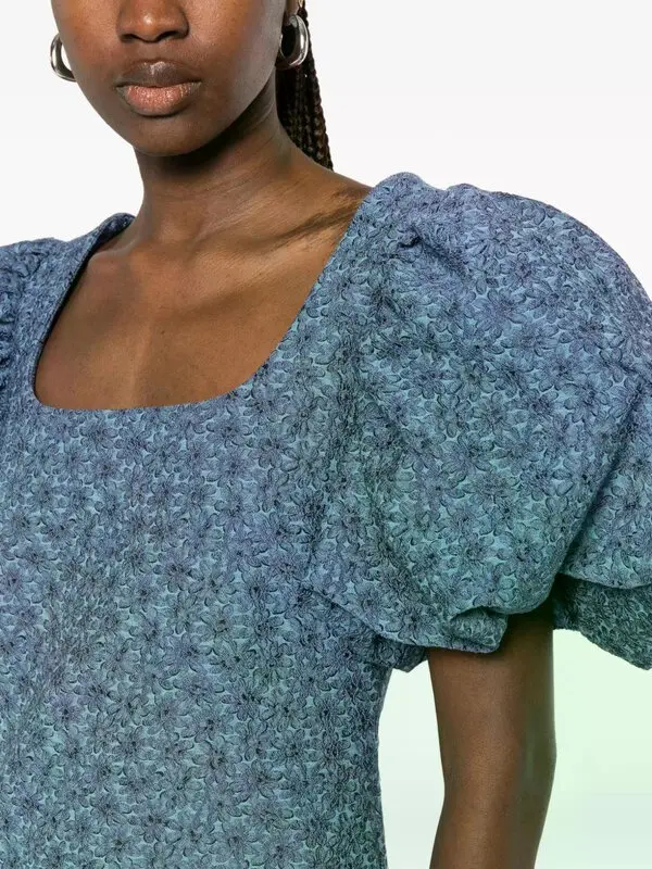 Max Mara Floral-jacquard Puff-sleeve Dress - Blue