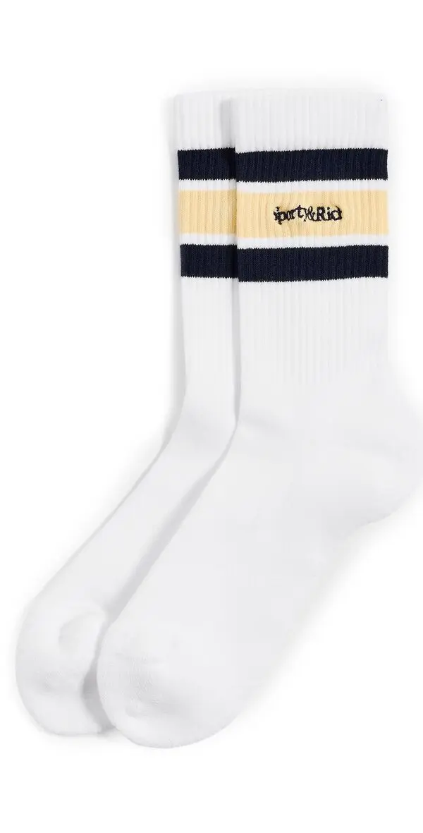 SPORTY & RICH Serif Logo Socks - White/navy/almond