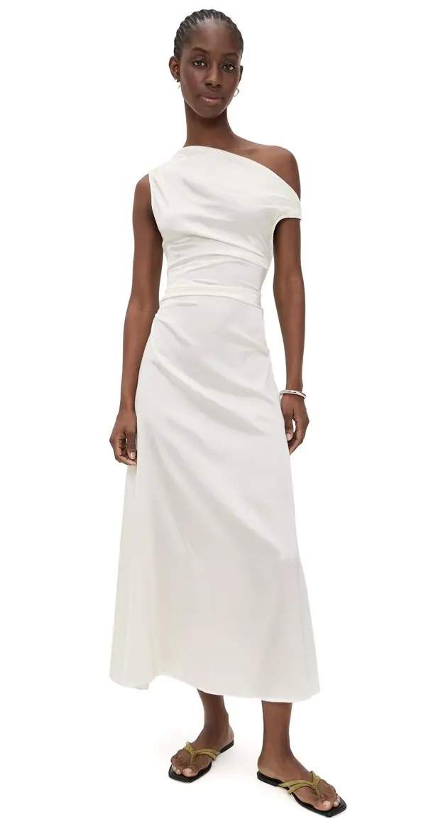 knee length dresses for ladies Leila V-Neck Low Back Satin Midi Dress Ivory– Selfie Leslie main image 1