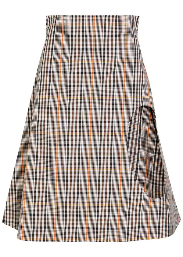 A.W.A.K.E. Mode Plaid Cut-out Cotton-blend Midi Skirt - Beige