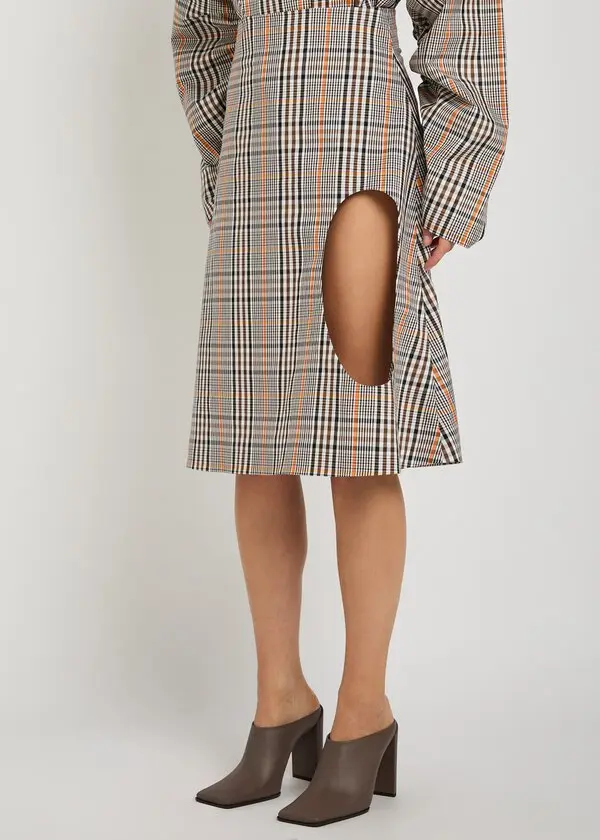 A.W.A.K.E. Mode Plaid Cut-out Cotton-blend Midi Skirt - Beige
