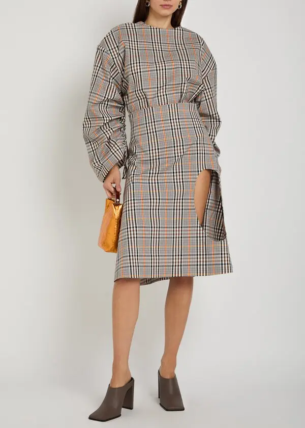 A.W.A.K.E. Mode Plaid Cut-out Cotton-blend Midi Skirt - Beige