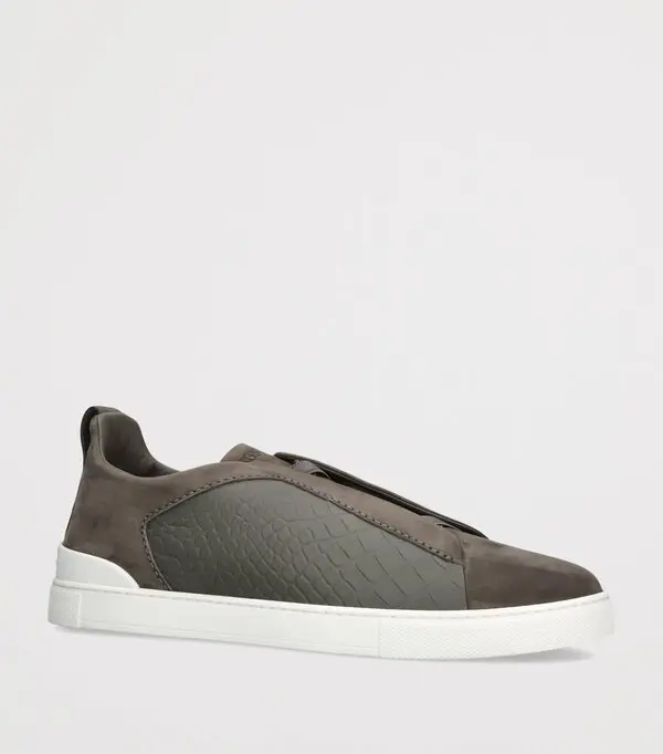 Zegna Crocodile Leather Triple Stitch Secondskin Sneakers - Grey