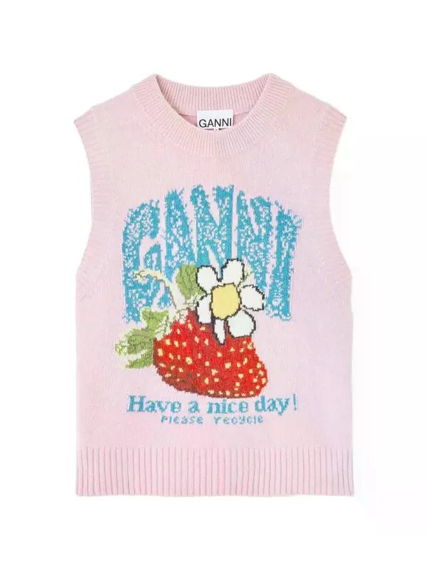 GANNI Strawberry-motif Intarsia-knit Vest - Pink